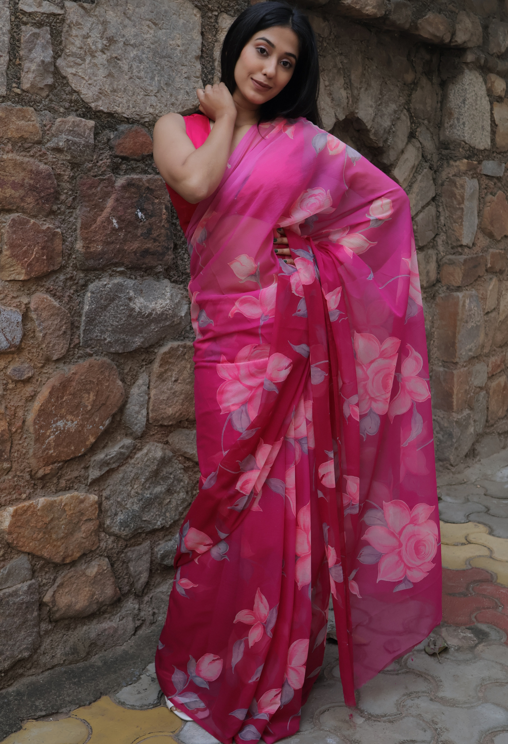 Maharani Pink Floral Printed Chiffon Saree